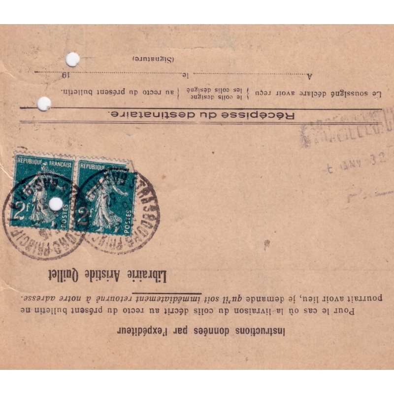 BAS RHIN-STRASBOURG BULLETIN D'EXPEDITION AFFRANCHISSEMENT MIXTE