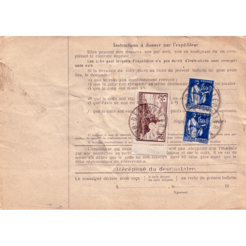 BAS RHIN-DETTWILLER 14-10-1936 BULLETIN D'EXPEDITION AFFRANCHISSEMENT ...